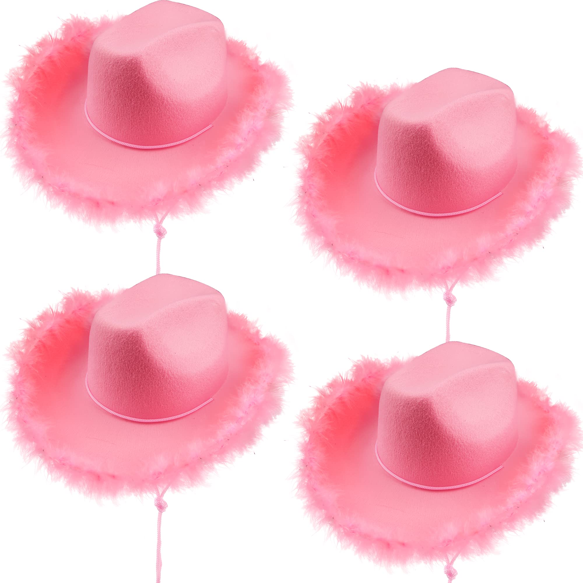 Rcanedny 4 Pack Cowboy Hat Western Women Cowboy Hat with Feathers Pink Feather Cowgirl Hat with Adjustable Neck Draw String for Adult Birthday Gifts Halloween Party Costume (color set 2)