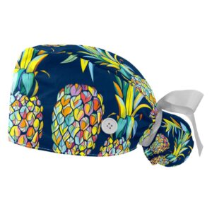 2 packs working cap with buttons sweatband adjustable hats printed surgical caps for women, colorful pineapples funny, multicolor, 18cm/7.0 in