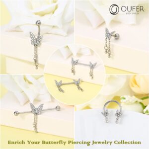 OUFER Butterfly Helix Piercing Jewelry,16G Surgical Steel Cartilage Earrings, Chain dangle Tragus Earrings, Clear CZ Forward Helix jewelry for Women