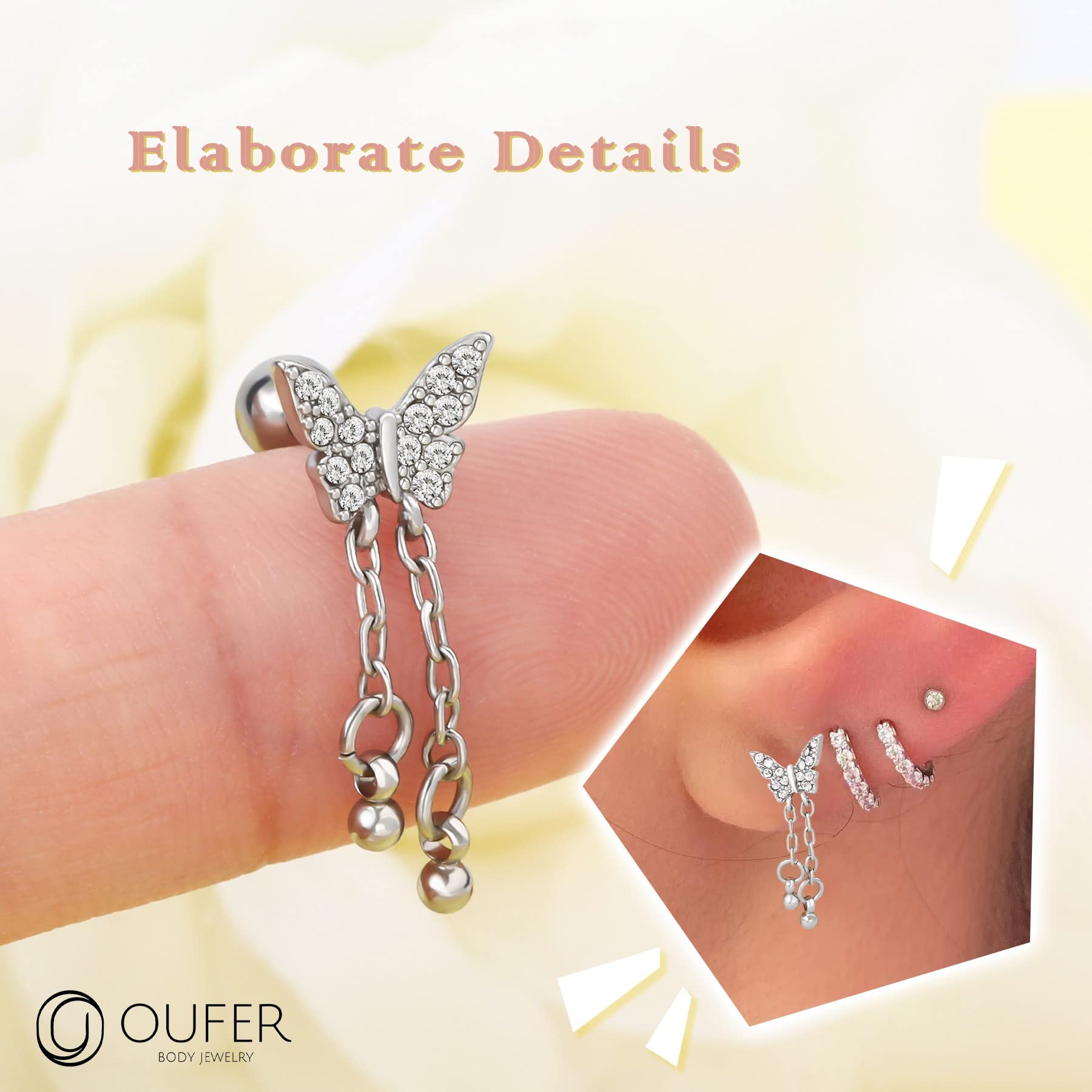 OUFER Butterfly Helix Piercing Jewelry,16G Surgical Steel Cartilage Earrings, Chain dangle Tragus Earrings, Clear CZ Forward Helix jewelry for Women