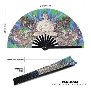 Buddha Hand Fan Foldable Bamboo Circuit Rave Hand Fans Buddhism Golden Buddha Head Statue Floral Lotus Mandala Artwork Fan Outfit Party Gear Gifts Music Festival Rave Accessories (Style 6)