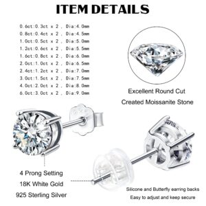 Jewenova Moissanite Stud Earrings, 0.6ct-3ct D Color VVS1 Clarity, Brilliant Round Cut Lab Created Diamond Earrings, 18K White Gold Plated S925 Sterling Silver Moissanite Earrings