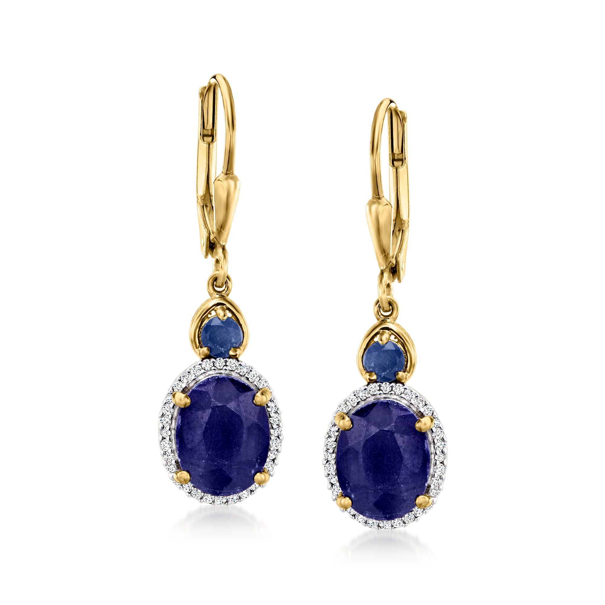 Ross-Simons 4.80 ct. t.w. Sapphire and .17 ct. t.w. Diamond Drop Earrings in 18kt Gold Over Sterling