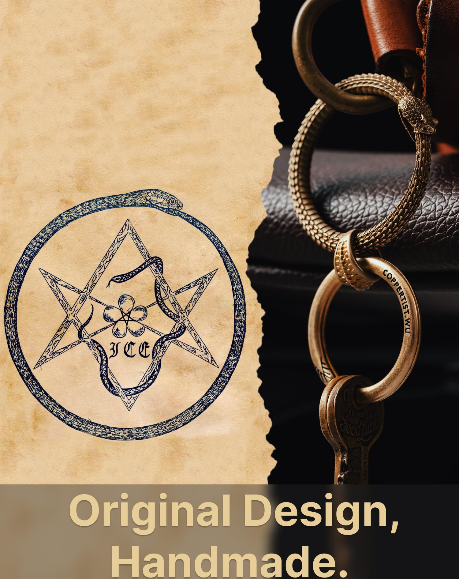 COPPERTIST.WU Ouroboros Snap Brass Keychain Keyring Spring Clip Ring with Key Ring