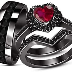 Aryan Jewels 2.30 Ct Heart & Round Cut Red Ruby & Black Diamond Trio Engagement Wedding Women's Ring Set 14k Black Gold Finish (13)