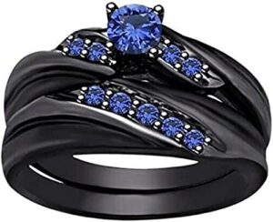 aryan jewels 2.10 ct round cut blue sapphire engagement wedding women's bridal ring set 14k black gold finish (5.5)