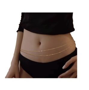 dainty belly chain, shinny belly beads waist chain, body chain, beach bikini body jewelry for women (2pcs) (beads&chain-gold)