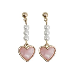 maloyanve love heart long tassel dangle earrings for women sweet dainty cute pearl 925 silver needle pink heart dangle drop hook earrings delicate jewelry valentines day gifts (pink heart)