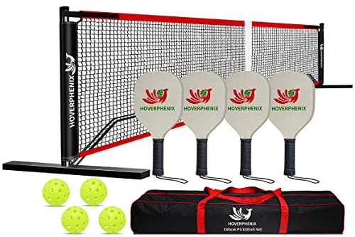 Hoverphenix Pickleball Set with Net for Driveway, Portable Regulation Size Pickleball Net System with Paddle Set of 4, Outdoor Pickleballs, Carry Bag, Weather Resistant Metal Frame