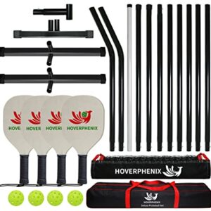 Hoverphenix Pickleball Set with Net for Driveway, Portable Regulation Size Pickleball Net System with Paddle Set of 4, Outdoor Pickleballs, Carry Bag, Weather Resistant Metal Frame