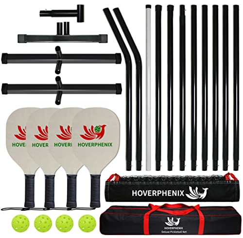 Hoverphenix Pickleball Set with Net for Driveway, Portable Regulation Size Pickleball Net System with Paddle Set of 4, Outdoor Pickleballs, Carry Bag, Weather Resistant Metal Frame