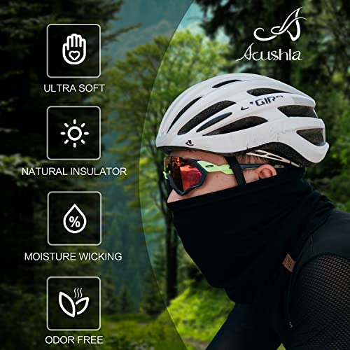 ACUSHLA 100% Merino Wool Neck Gaiter Face Mask Scarf Multifunctional for Men & Women, Lightweight Black