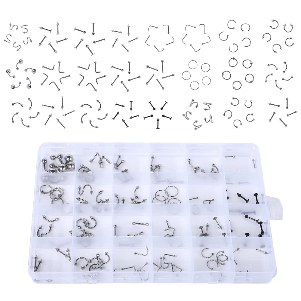 120 Pcs Piercing Jewelry With 24 Grid Storage Box Earring Hoops Lip Nose Rings Navel Rings Barbells Stainless Steel Jewelry Mixed Set 120 Pcs