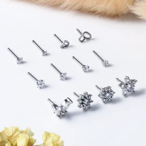 20G Flower Nose Rings for Women 316L Surgical Stainless Steel L Shaped Nose Studs Screw Bone butterfly Nose Rings Heart-Shaped Nose Studs Nostril Piercing Diamond CZ 2mm 2.5mm 3mm Silver 12pcs