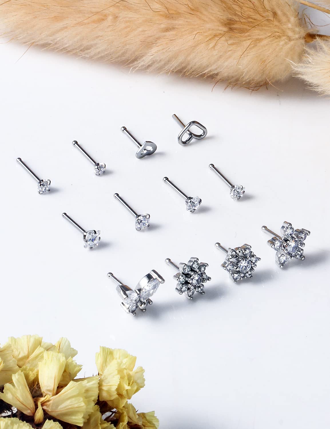 20G Flower Nose Rings for Women 316L Surgical Stainless Steel L Shaped Nose Studs Screw Bone butterfly Nose Rings Heart-Shaped Nose Studs Nostril Piercing Diamond CZ 2mm 2.5mm 3mm Silver 12pcs