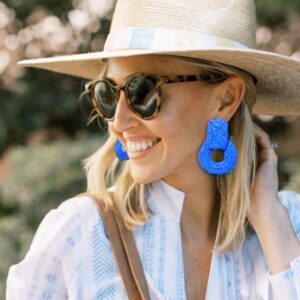 ATIMIGO Royal Blue Handmade Statement Raffia Earrings Cute Boho Rattan Dangle Earrings Lightweight Straw Wrap Summer Drop Dangling Earrings for Women