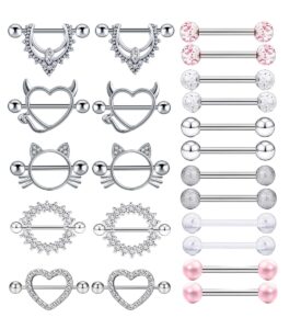 tianci fbyjs 11 pairs stainless steel 14g nipple rings nipplerings cz heart tongue shield barbell rings retainer body piercing jewelry for women 9/16inch