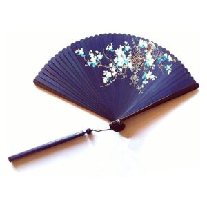 wooden navy blue folding fan with a tassel, portable bamboo rids folded fan, chinese style handmade small dance fan (color : blue, size : 7.3")