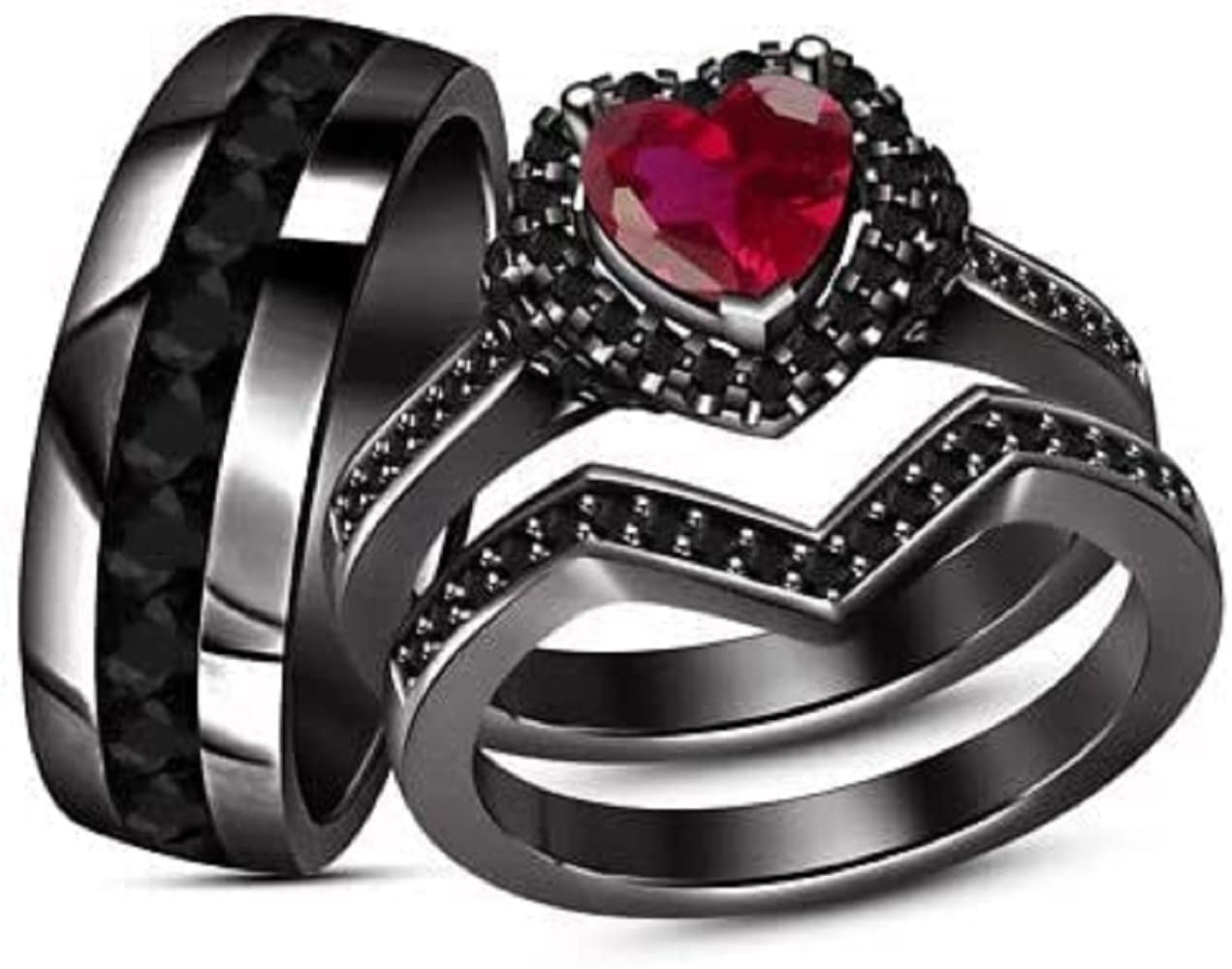 Aryan Jewels 2.30 Ct Heart & Round Cut Red Ruby & Black Diamond Trio Engagement Wedding Women's Ring Set 14k Black Gold Finish (7)