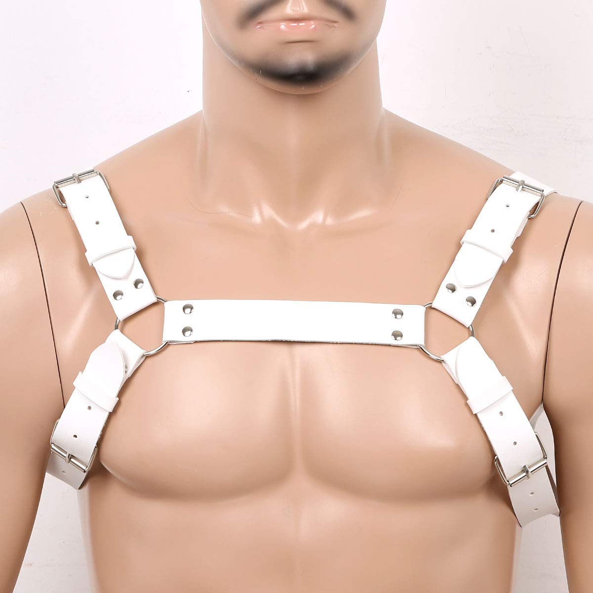 PU Leather Chest Harness Strong And Sturdy Shoulder Strap Body Comfortable Belt Punk Gothic Cosplay Clubwear Costume for Mens (White B)