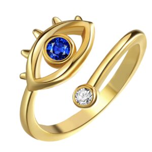 yifnny evil eye ring, lucky turkish blue evil eye ring cubic zirconia adjustable wrap open ring hamsa protection eye rings for women (gold 1)