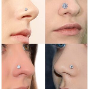 20G Flower Nose Rings for Women 316L Surgical Stainless Steel L Shaped Nose Studs Screw Bone butterfly Nose Rings Heart-Shaped Nose Studs Nostril Piercing Diamond CZ 2mm 2.5mm 3mm Silver 12pcs