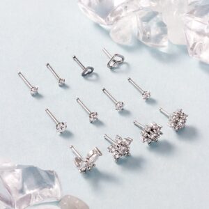 20G Flower Nose Rings for Women 316L Surgical Stainless Steel L Shaped Nose Studs Screw Bone butterfly Nose Rings Heart-Shaped Nose Studs Nostril Piercing Diamond CZ 2mm 2.5mm 3mm Silver 12pcs