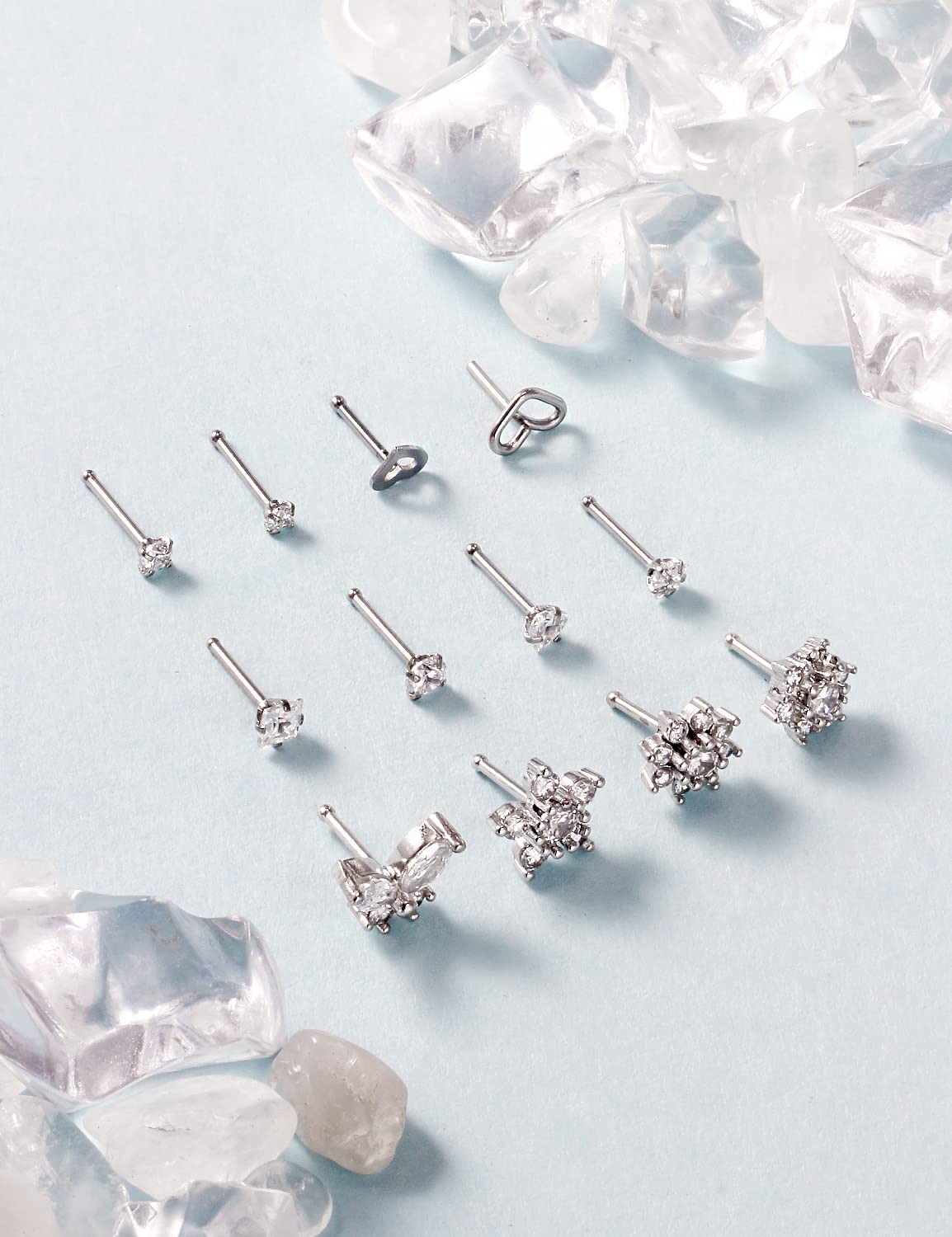 20G Flower Nose Rings for Women 316L Surgical Stainless Steel L Shaped Nose Studs Screw Bone butterfly Nose Rings Heart-Shaped Nose Studs Nostril Piercing Diamond CZ 2mm 2.5mm 3mm Silver 12pcs