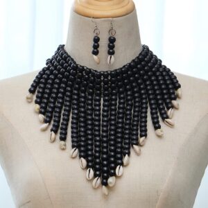 COLORFUL BLING Chunky Wooden Beaded Seed Bib Collar Necklace Boho Layered Africa Wood Shell Strand Choker Necklace Jewelry Set for Women-black