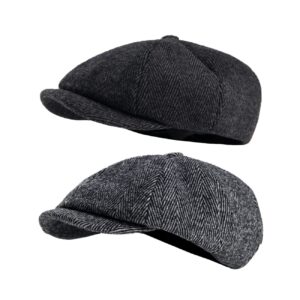 hccfit 2 pack newsboy cap peaky herringbone baker boy flat caps for men women (black and gery)