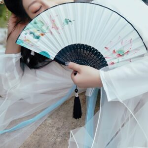 RAN Imitated Silk Fabric Folding Fan with Lotus Print, Elegant Woman Bamboo Folding Pocket Purse Hand Fan with Tassel (Color : Multi-Colored, Size : 9.1")