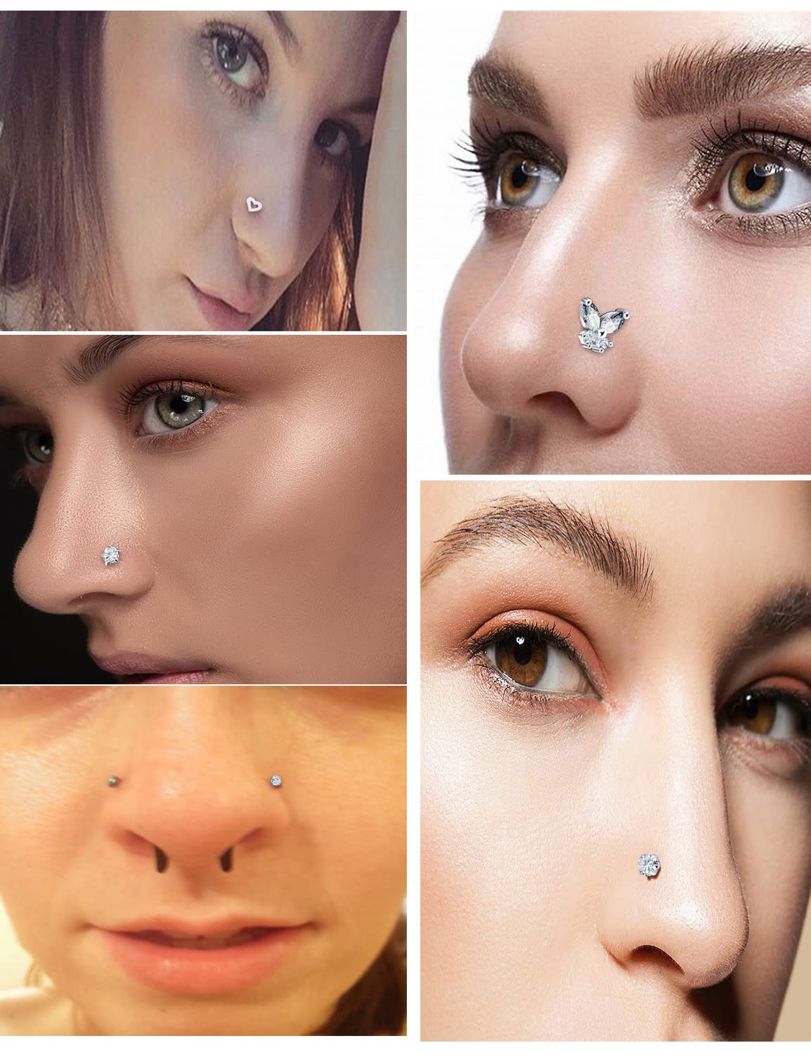 20G Flower Nose Rings for Women 316L Surgical Stainless Steel L Shaped Nose Studs Screw Bone butterfly Nose Rings Heart-Shaped Nose Studs Nostril Piercing Diamond CZ 2mm 2.5mm 3mm Silver 12pcs