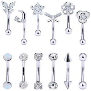 vsnnsns 16g rook daith piercing jewelry stainless steel 8mm curved barbell eyebrow rings helix tragus belly lip rings cz piercing jewelry cartilage daith rook earrings for women men 12pcs silve