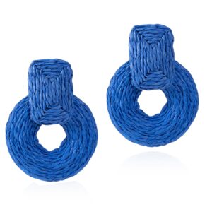 atimigo royal blue handmade statement raffia earrings cute boho rattan dangle earrings lightweight straw wrap summer drop dangling earrings for women