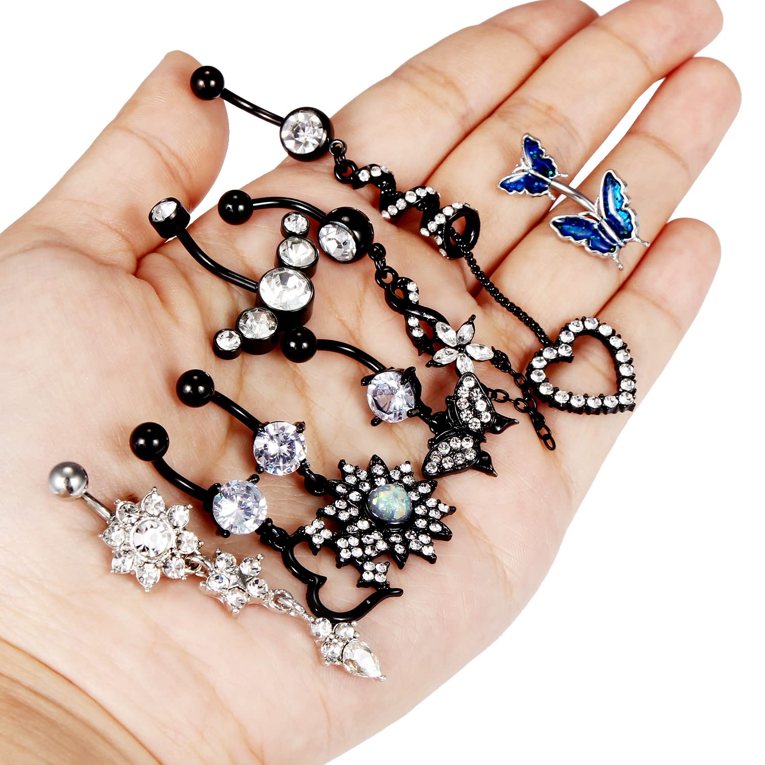 Vsnnsns 14G Belly Button Rings Belly Rings for Women Surgical Stainless Steel Skull Belly Piercing Jewelry Heart Butterfly Belly Button Ring Opal Navel Ring Barbell Body Jewelry Piercing Black