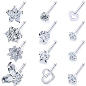 20g flower nose rings for women 316l surgical stainless steel l shaped nose studs screw bone butterfly nose rings heart-shaped nose studs nostril piercing diamond cz 2mm 2.5mm 3mm silver 12pcs