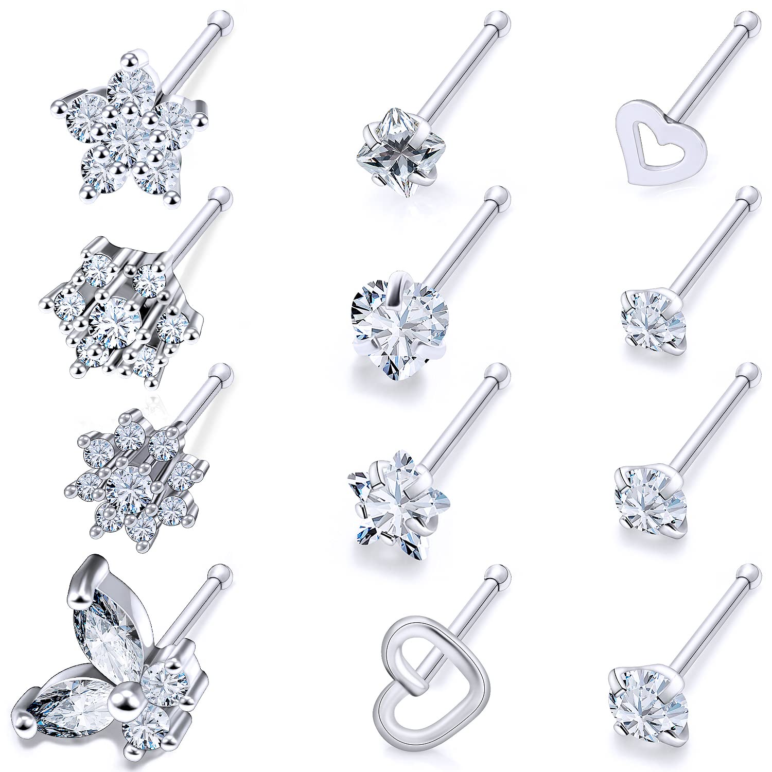 20G Flower Nose Rings for Women 316L Surgical Stainless Steel L Shaped Nose Studs Screw Bone butterfly Nose Rings Heart-Shaped Nose Studs Nostril Piercing Diamond CZ 2mm 2.5mm 3mm Silver 12pcs