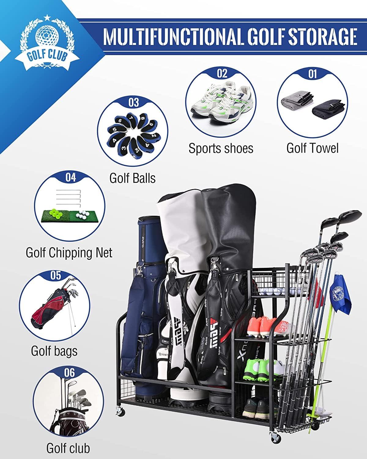 Mythinglogic 3 Golf Bags Storage Organizer-Extra Large Size Fits 3 Full Size Golf Bags,Golf Organizer for Golf Equipment and Accessories, Golf Club Storage Rack with Lockable Wheels