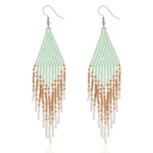 native beaded tassel earrings boho - handmade seed bead statement fringe drop earrings for women dangling (light green)