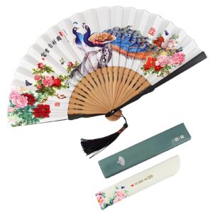 peacock pattern hand held silk folding fans with bamboo ribs, hand fan with fabric sleeve and tassel, for women girl (color : multi-colored, size : 9.1")