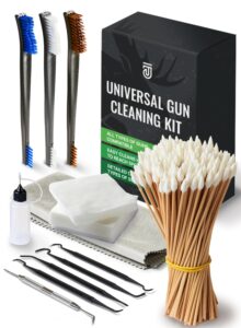 gun cleaning supplies kit 12 in 1 universal gun cleaning kit incl. gun cleaning patches, 6-inch gun cleaning swabs, double head gun cleaning brush, cleaning picks, finishing gun cloth, oil applicator