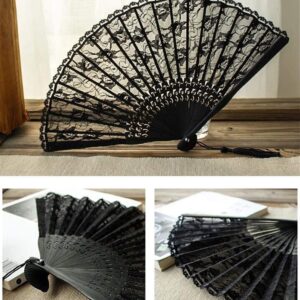 RAN 8.7" Lace Floral Folding Hand Fans - Womens Handmade Black Imitated Silk Fabric Lace Hand Fan, Bamboo Folded Fans (Color : Black, Size : 8.7")