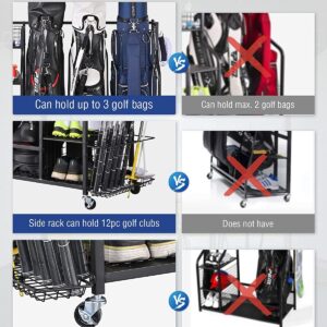 Mythinglogic 3 Golf Bags Storage Organizer-Extra Large Size Fits 3 Full Size Golf Bags,Golf Organizer for Golf Equipment and Accessories, Golf Club Storage Rack with Lockable Wheels