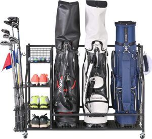 mythinglogic 3 golf bags storage organizer-extra large size fits 3 full size golf bags,golf organizer for golf equipment and accessories, golf club storage rack with lockable wheels