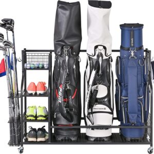 Mythinglogic 3 Golf Bags Storage Organizer-Extra Large Size Fits 3 Full Size Golf Bags,Golf Organizer for Golf Equipment and Accessories, Golf Club Storage Rack with Lockable Wheels