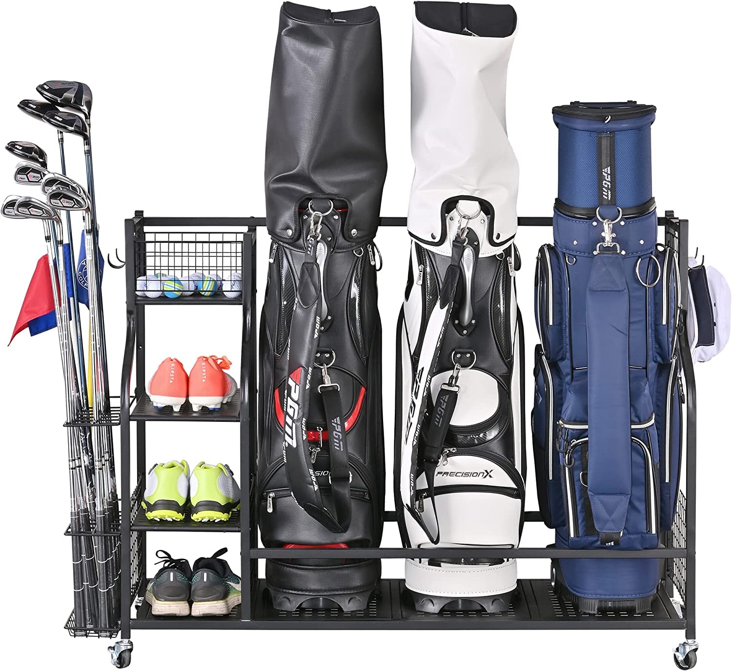 Mythinglogic 3 Golf Bags Storage Organizer-Extra Large Size Fits 3 Full Size Golf Bags,Golf Organizer for Golf Equipment and Accessories, Golf Club Storage Rack with Lockable Wheels