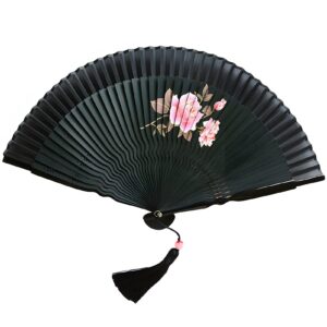 black folding fan with rose printed, 8.7 inch bamboo folded fan with tassels, for women and men, festival gift (color : multi-colored, size : 8.7")