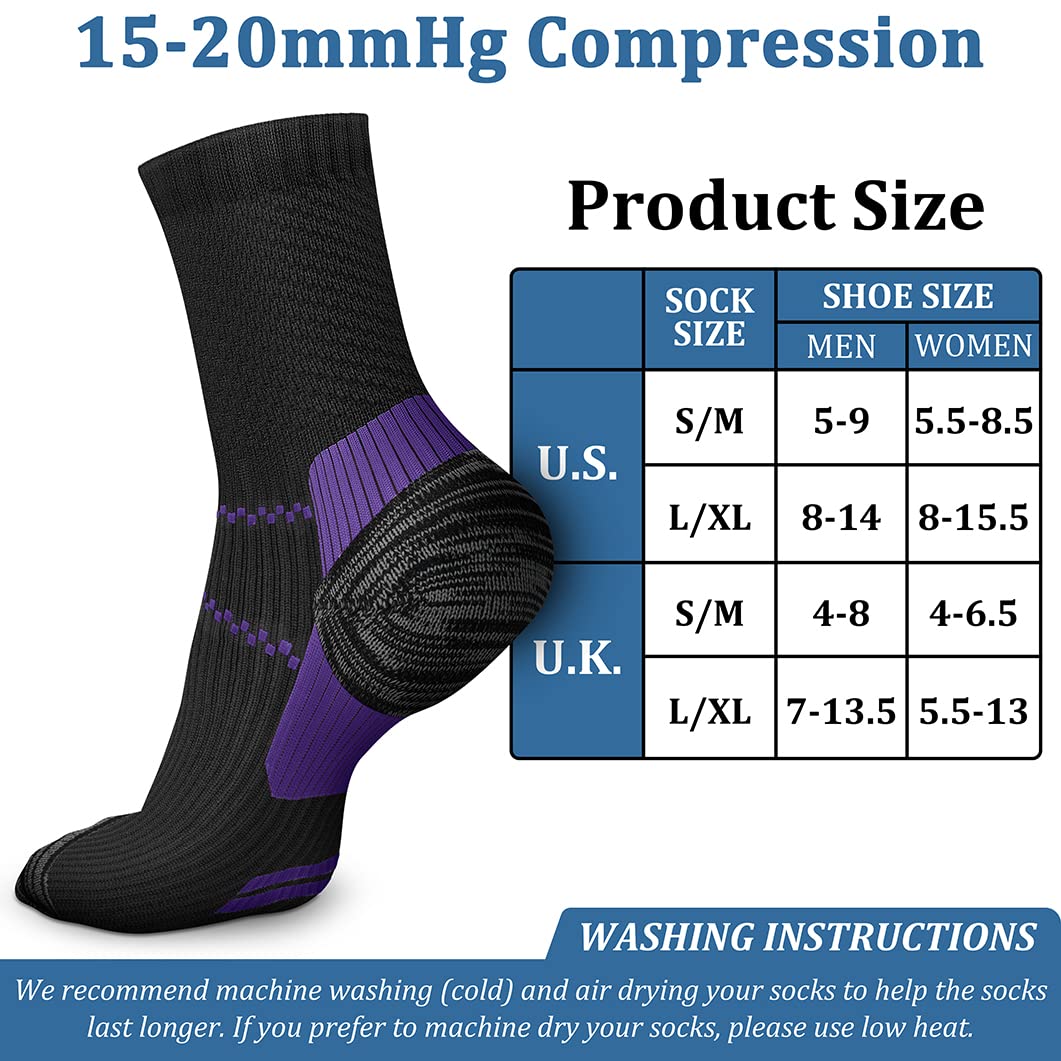 CHARMKING 6 Pairs Crew Compression Socks for Women & Men Circulation 15-20 mmHg is Best for All Day Wear Running Nurse (L/XL, Black-Multicolor)