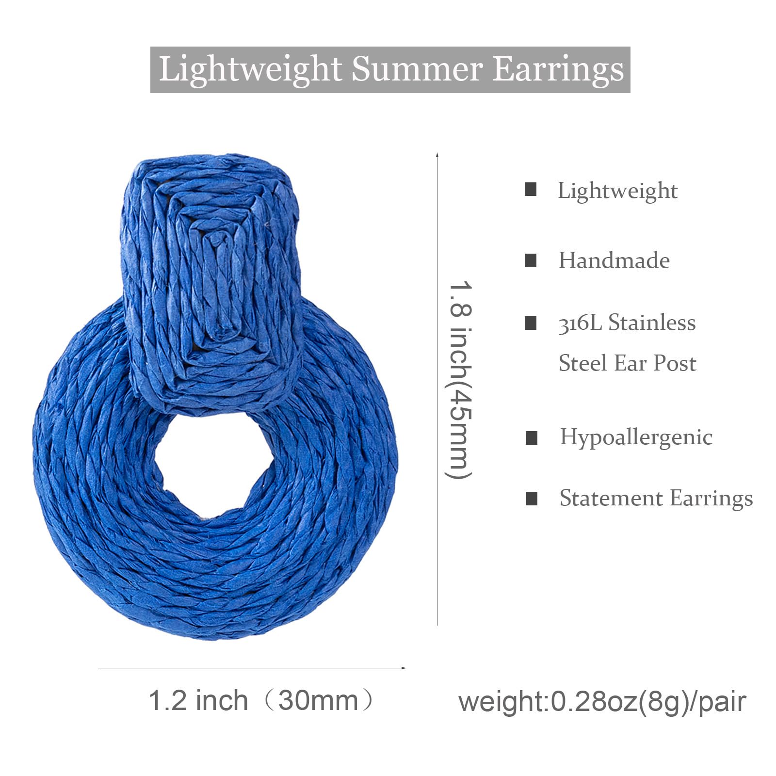 ATIMIGO Royal Blue Handmade Statement Raffia Earrings Cute Boho Rattan Dangle Earrings Lightweight Straw Wrap Summer Drop Dangling Earrings for Women