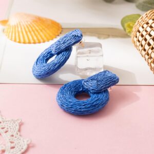 ATIMIGO Royal Blue Handmade Statement Raffia Earrings Cute Boho Rattan Dangle Earrings Lightweight Straw Wrap Summer Drop Dangling Earrings for Women